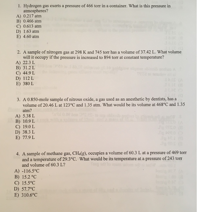 Solved 1. Hydrogen gas exerts a pressure of 466 torr in a | Chegg.com