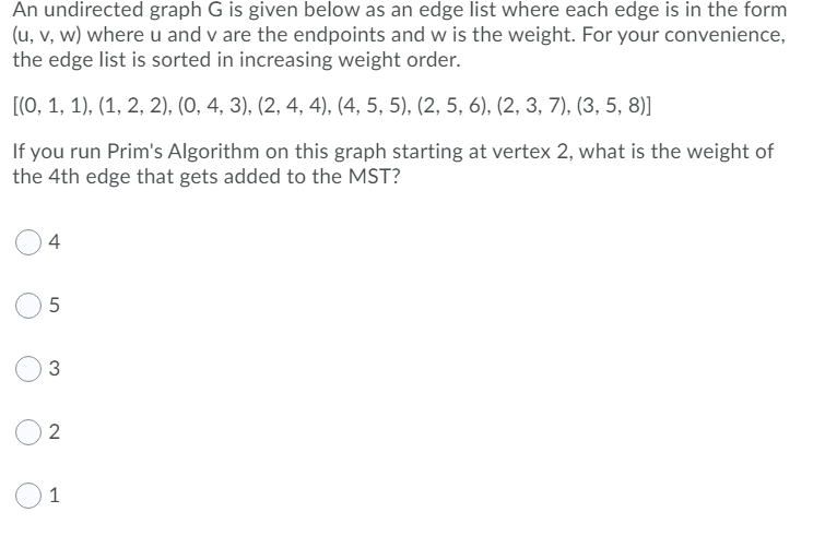 Solved An undirected graph G is given below as an edge list | Chegg.com