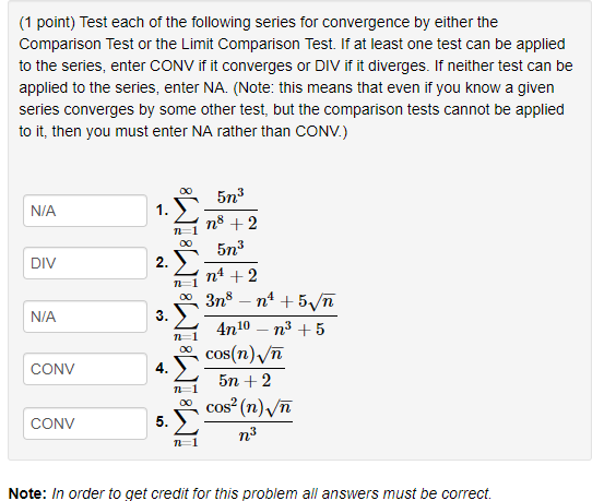 Solved (1 point) Test each of the following series for | Chegg.com