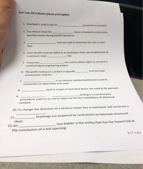 Solved Part Two: Fill in Blanks (please print legible) 1. | Chegg.com
