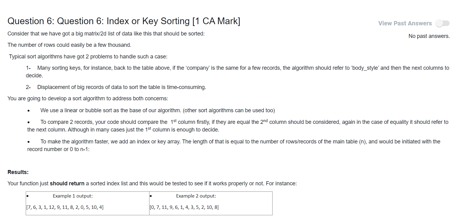 # the main one # def index_sort( table_matrix ): | Chegg.com
