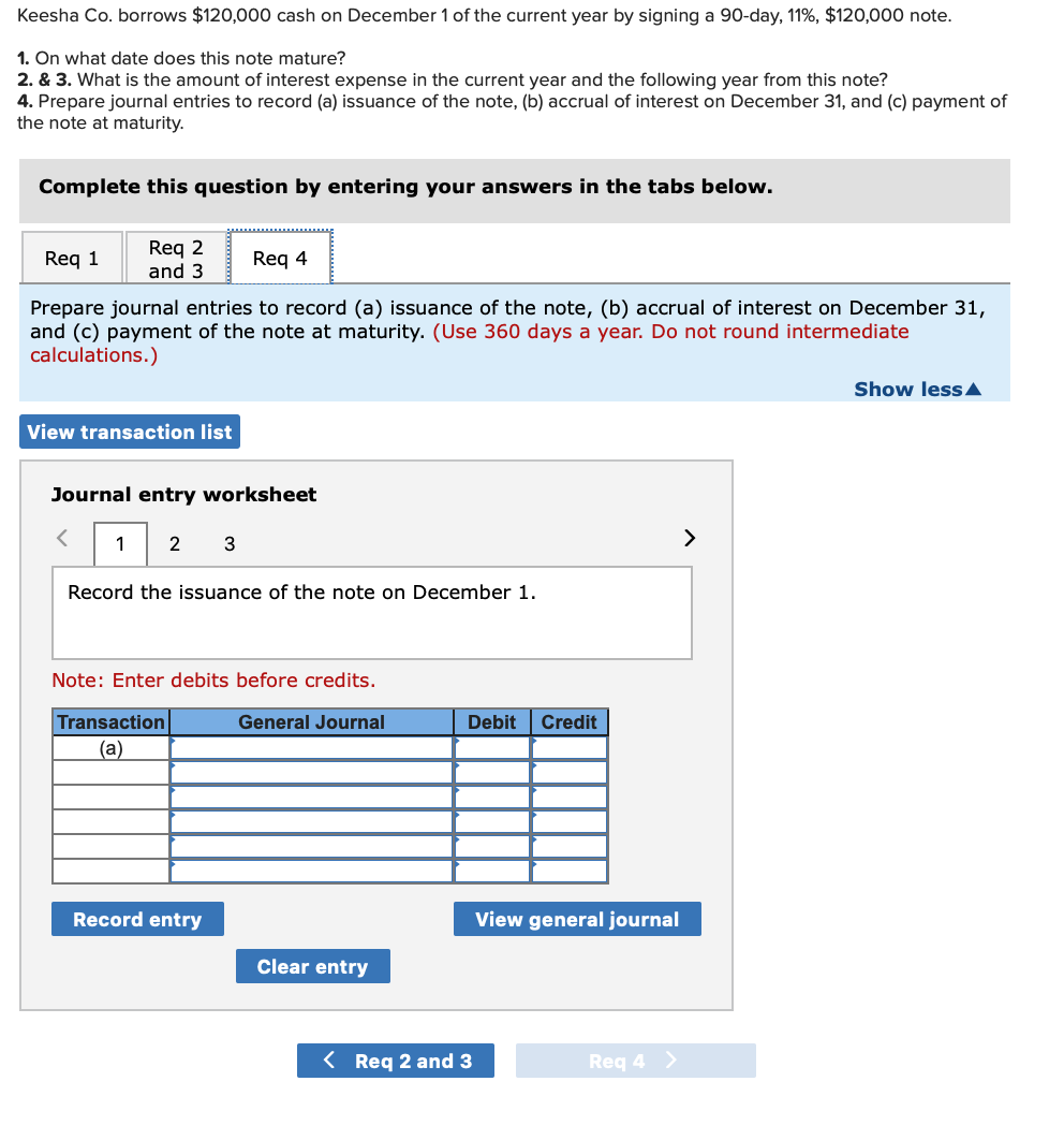 Solved Keesha Co. borrows $120,000 cash on December 1 of the | Chegg.com