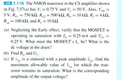 Solved SIMI 7.118 The NMOS transistor in the CS amplifier | Chegg.com