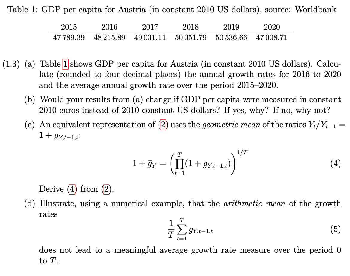 Solved Table 1: GDP per capita for Austria (in constant 2010 | Chegg.com