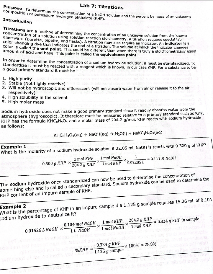 Solved Lab 7: Titrations Purpose: To determine the | Chegg.com