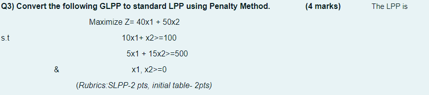 Solved (4 marks) The LPP is Q3) Convert the following GLPP | Chegg.com
