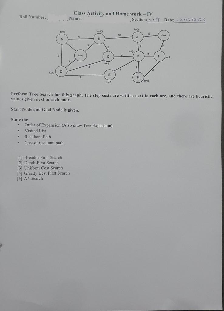 Solved Class Activity and Home work - IV Roll Number: .... | Chegg.com
