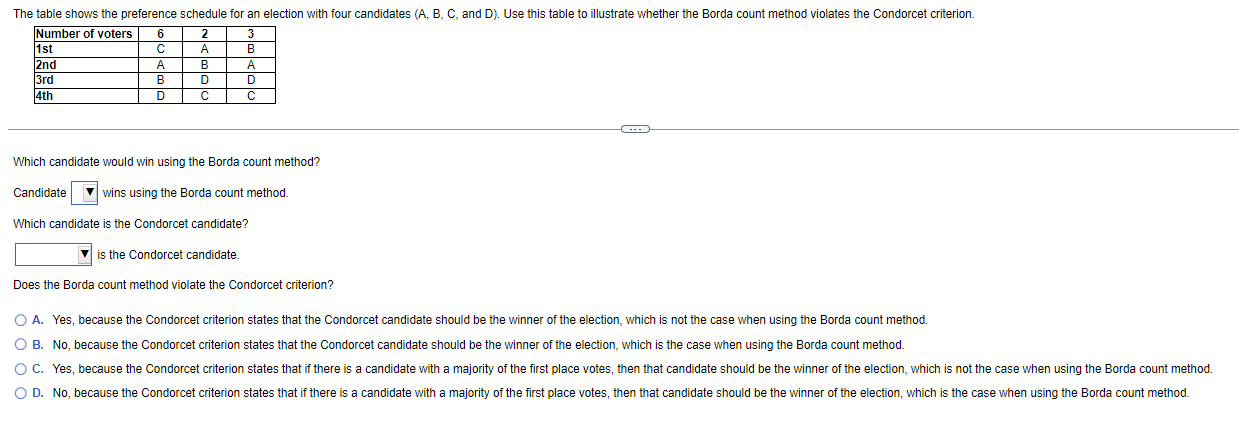 Solved Which Candidate Would Win Using The Borda Count 3990
