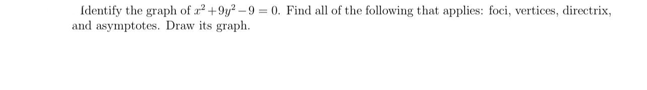 Solved Identify the graph of x2+9y2−9=0. Find all of the | Chegg.com