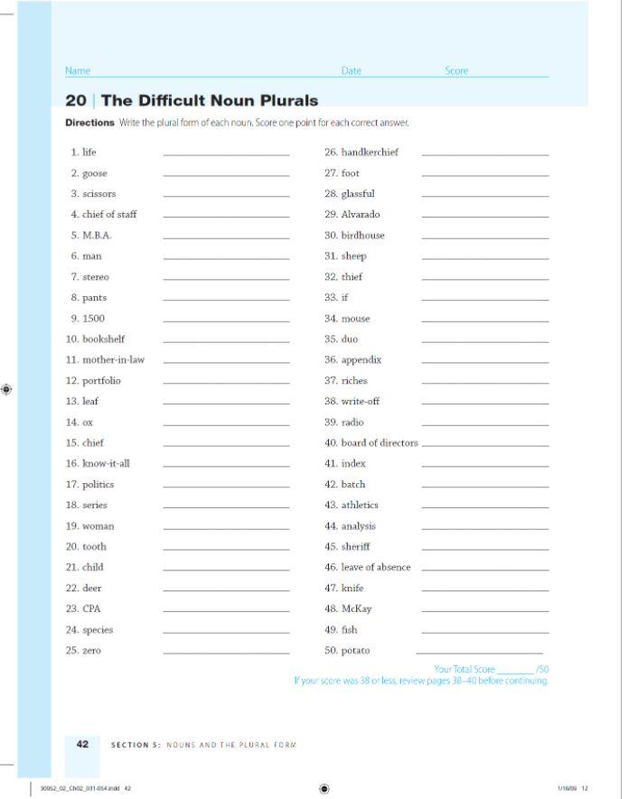 Solved Name Date Score 20 The Difficult Noun Plurals | Chegg.com