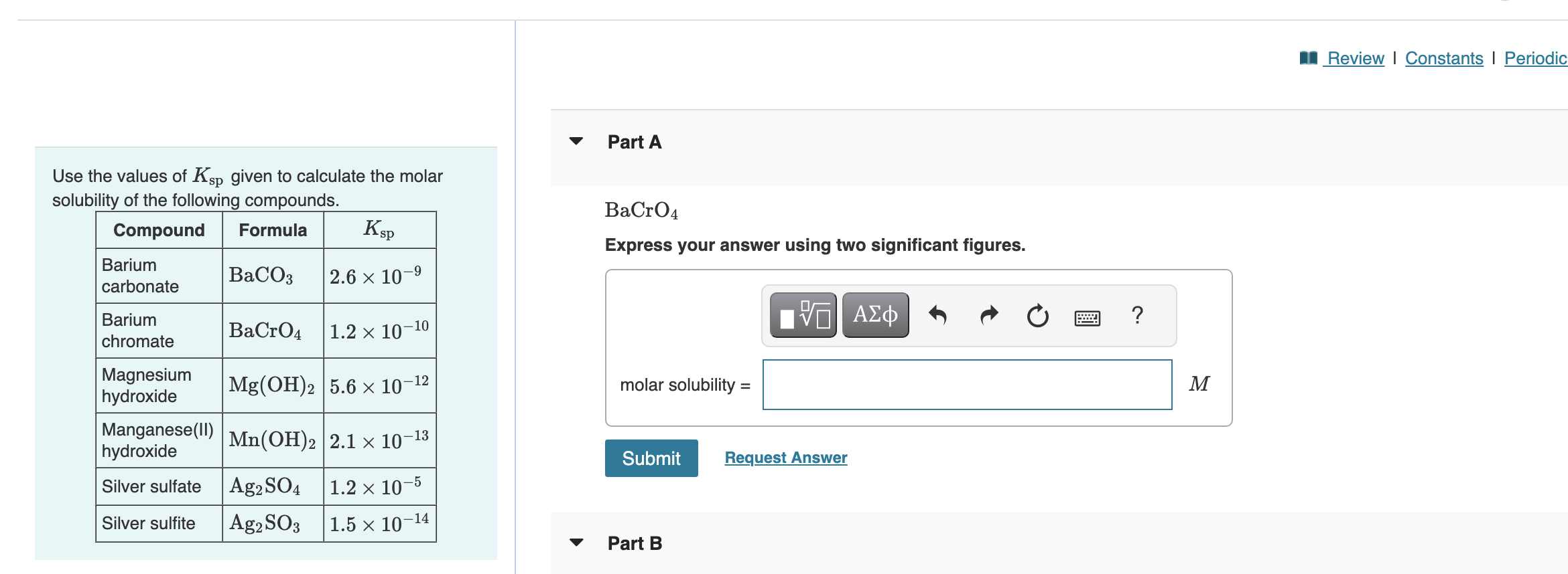 Solved Use the values of Ksp given to calculate the molar | Chegg.com