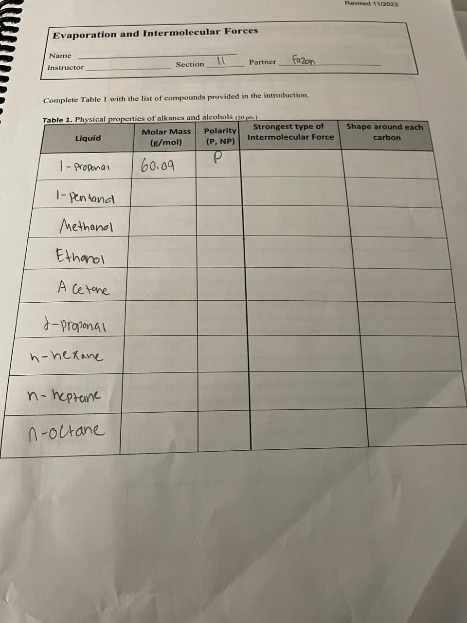 Solved Evaporation and Intermolecular Forces Name Instructor | Chegg.com