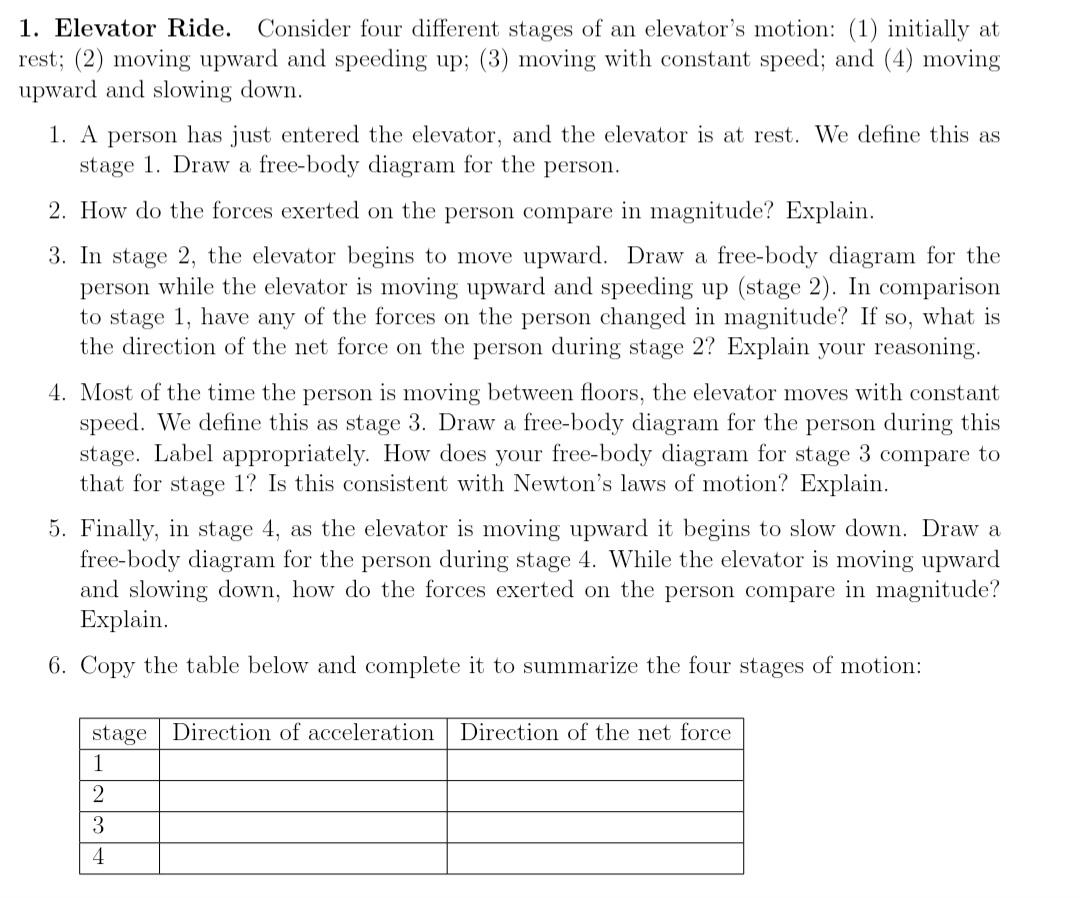 Solved 1. Elevator Ride. Consider four different stages of | Chegg.com
