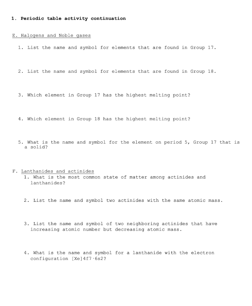 Solved 1. Periodic table activity continuation E. Halogens | Chegg.com