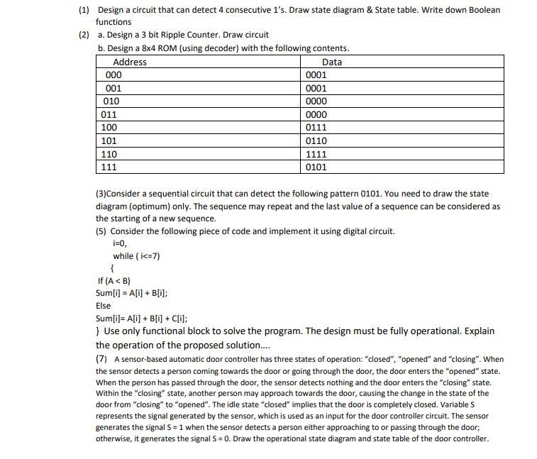 Solved 1) Design a circuit that can detect 4 consecutive 1′ | Chegg.com