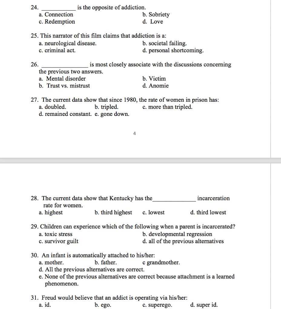 Solved 24 is the opposite of addiction a. Connection c. | Chegg.com