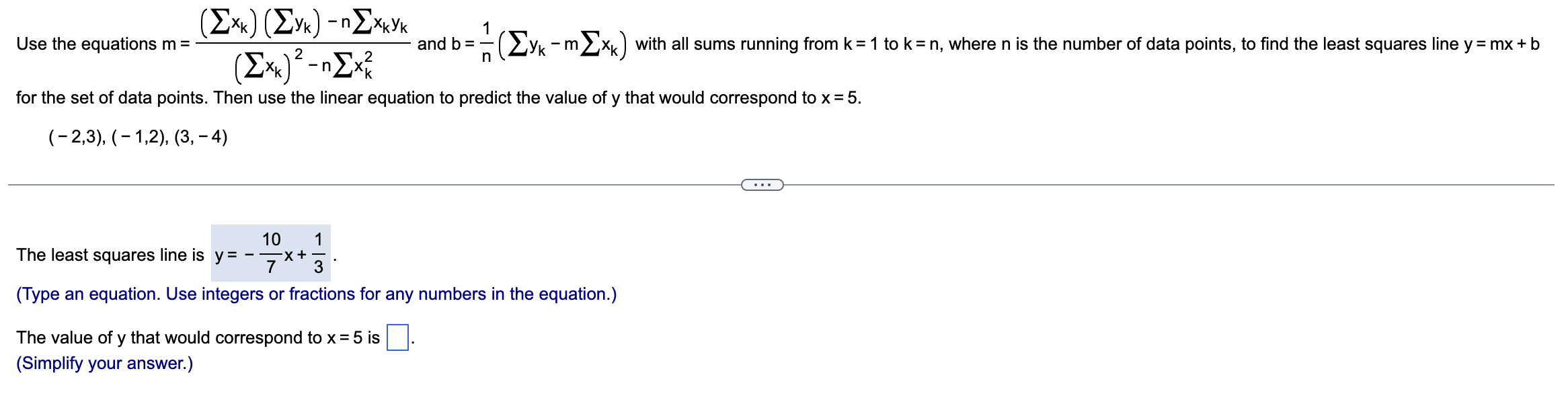 Solved Use The Equations M ∑xk 2−n∑xk2 ∑xk ∑yk −n∑xkyk And