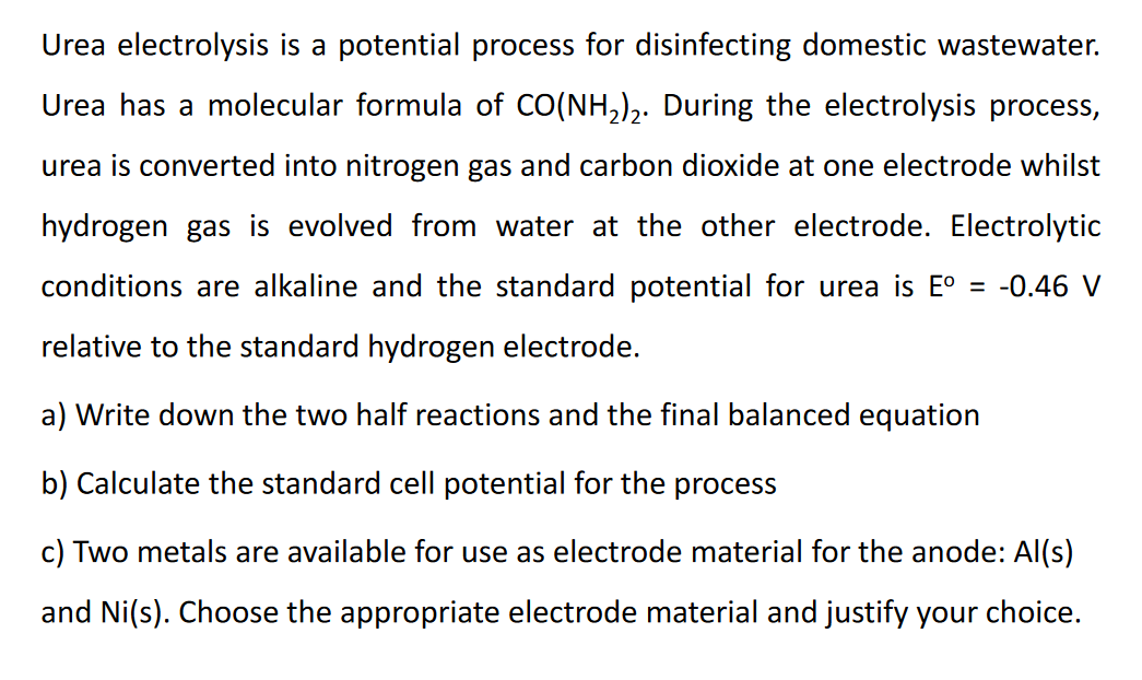 Solved Urea electrolysis is a potential process for | Chegg.com