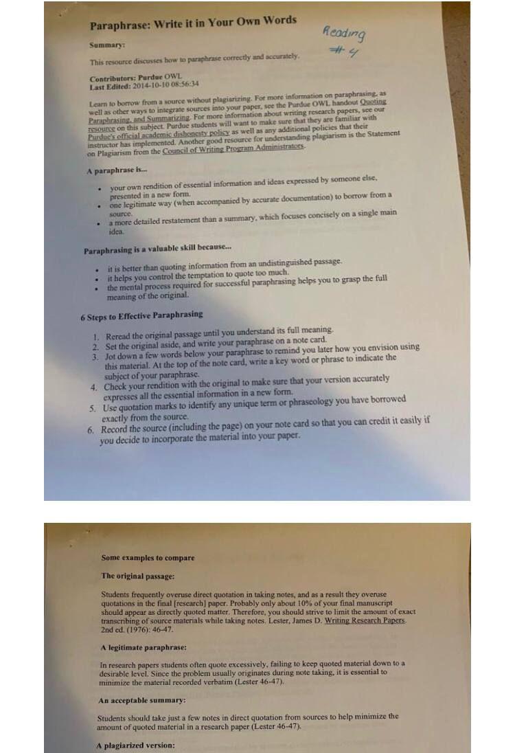 Solved Reading Paraphrase: Write it in Your Own Words | Chegg.com