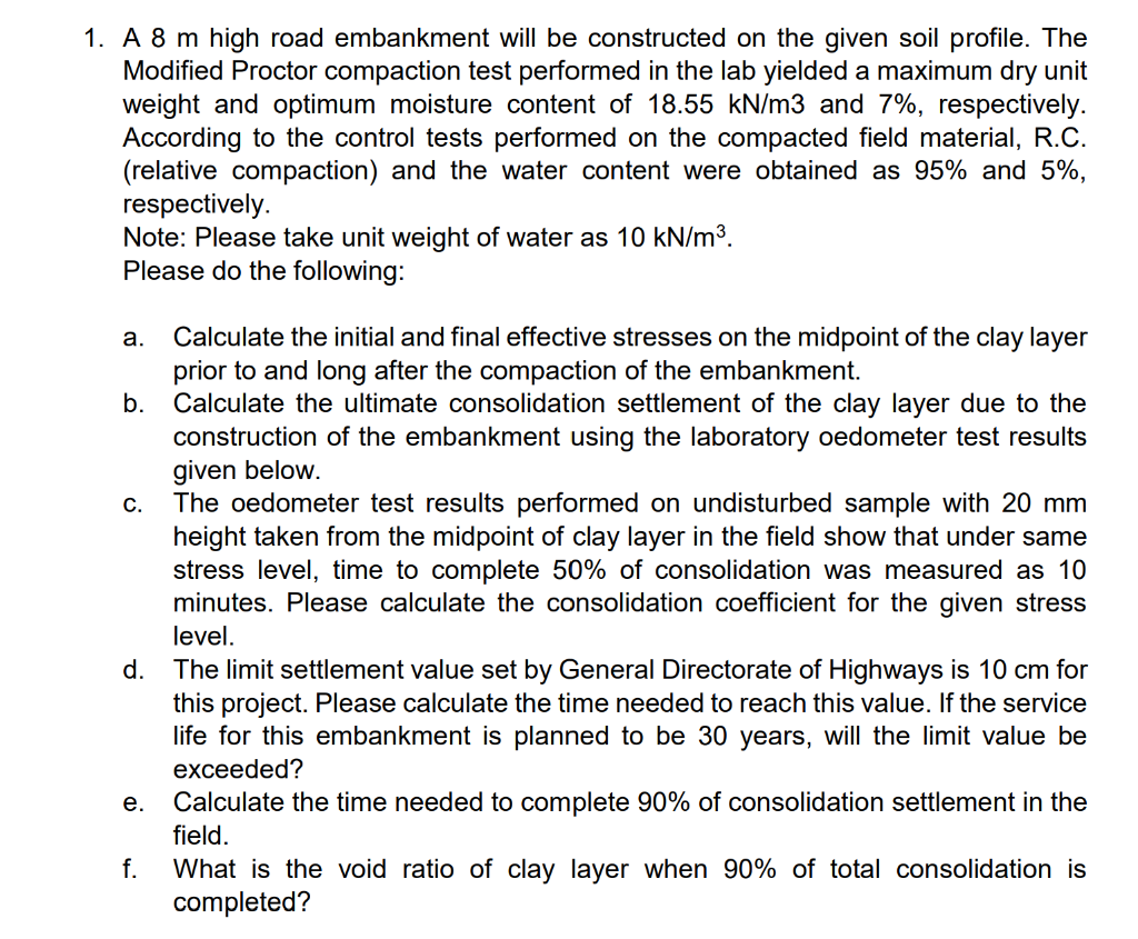 Solved 1. A 8 m high road embankment will be constructed on | Chegg.com