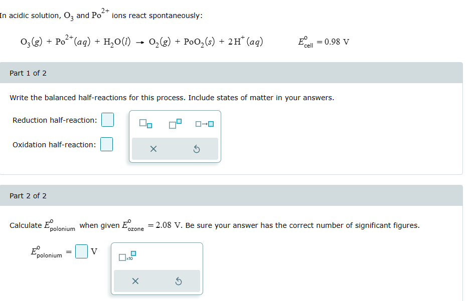 Solved in acidic solution, O3 and Po2+ ions react | Chegg.com