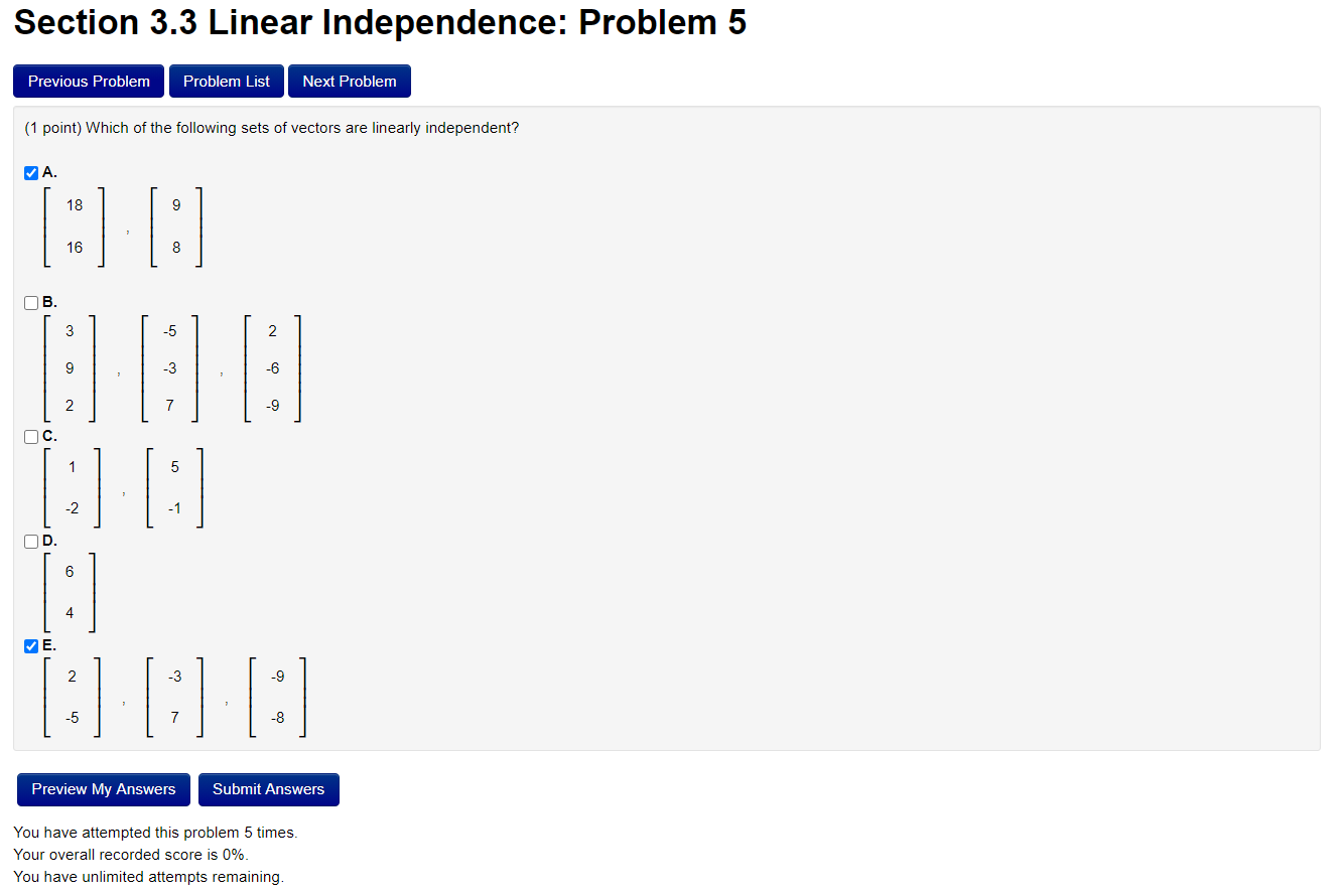 Solved Section 3.3 Linear Independence: Problem 5 Previous | Chegg.com