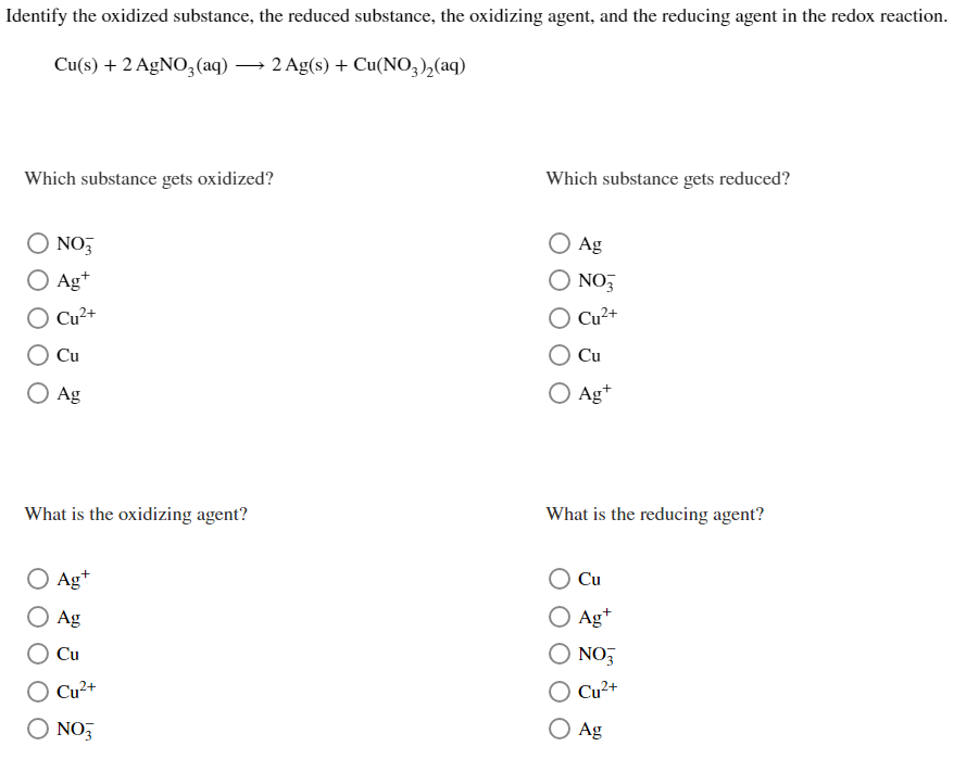 Solved Cu(s)+2AgNO3(aq) 2Ag(s)+Cu(NO3)2(aq) Which substance | Chegg.com