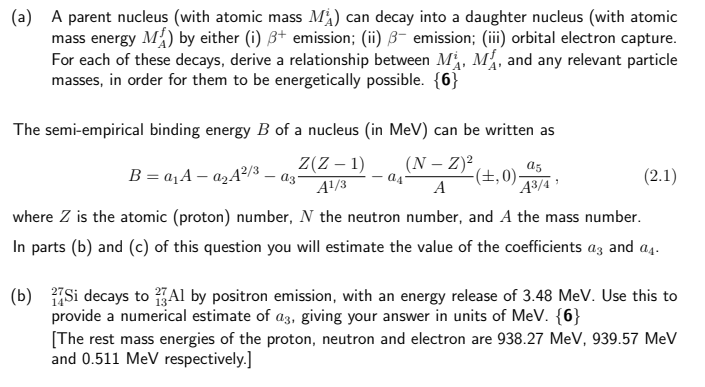 Solved (a) A parent nucleus (with atomic mass \\( M_{A}^{i} | Chegg.com