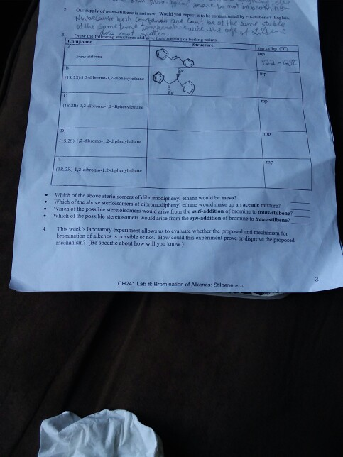 Solved CH341 Lab 8: Bromination of Stilhene: PreLab | Chegg.com