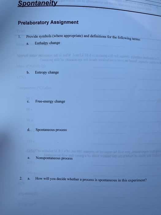 Solved Spontaneity Prelaboratory Assignment Tre Provide | Chegg.com