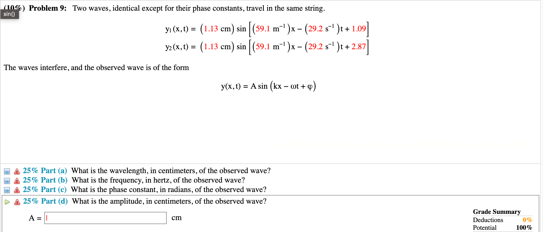 Solved y1(x,t)=(1.13 cm)sin[(59.1 m−1)x−(29.2 | Chegg.com