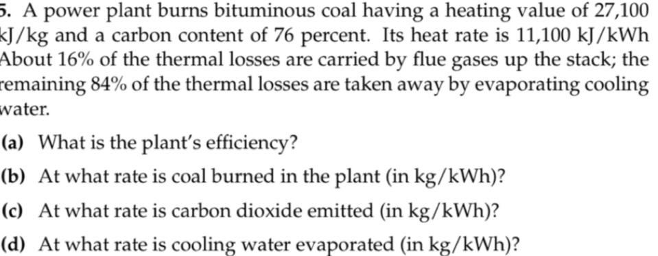 Solved A power plant burns bituminous coal having a heating | Chegg.com