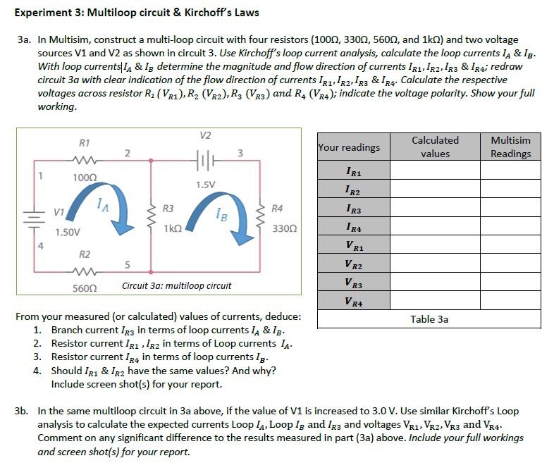 Solved Experiment 3: Multiloop circuit & Kirchoff's Laws 3a. | Chegg.com