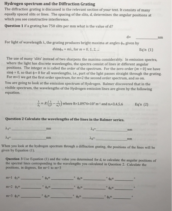 Solved Hydrogen spectrum and the Diffraction Grating The | Chegg.com