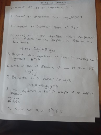 Solved TEST 3 Practice to logarithnic form 1. convert 34d 2. | Chegg.com