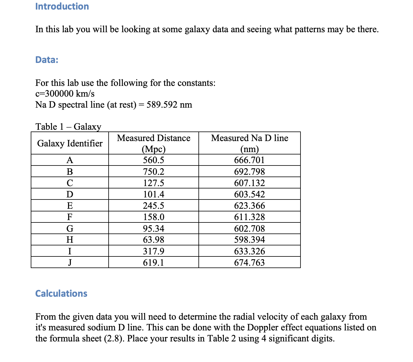 Table 2: Galaxy velocities Analysis You will need to | Chegg.com