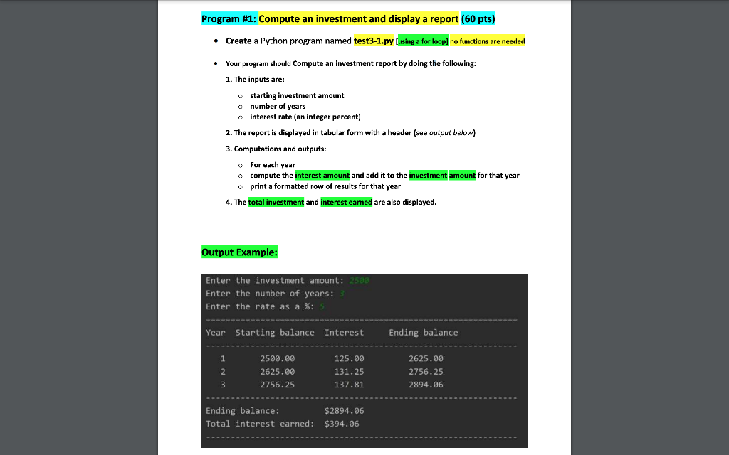 Solved Program #1: Compute an investment and display a | Chegg.com