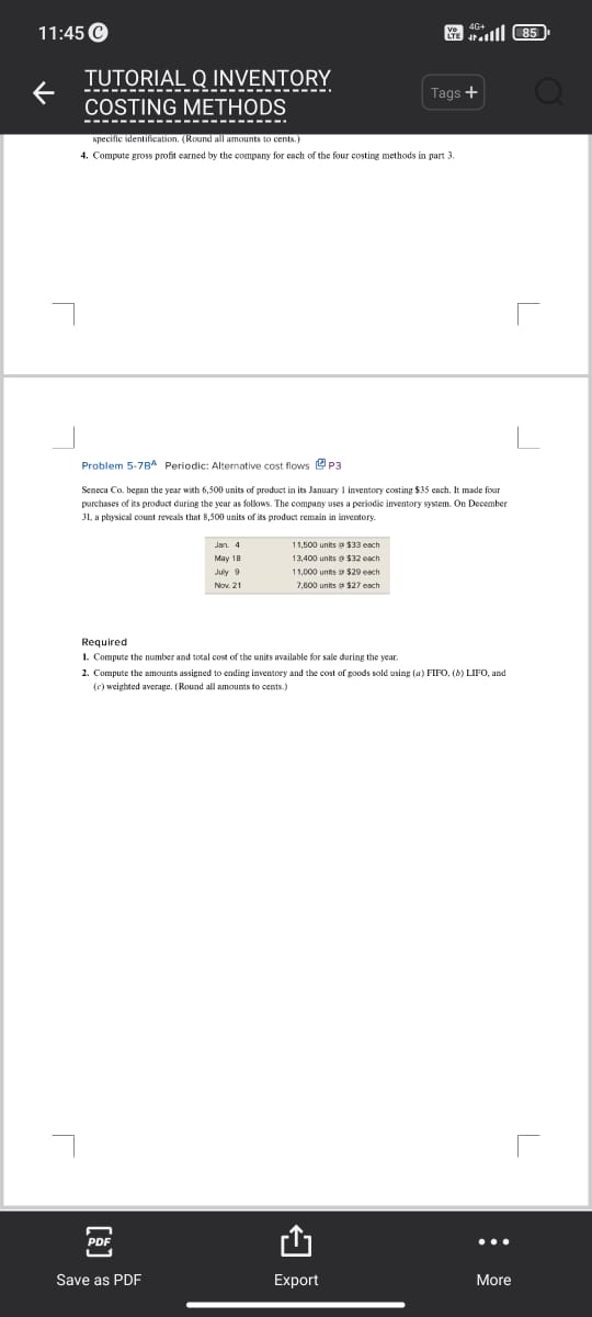 Solved 11:45 C Ve, 4E+ 85 TUTORIAL Q INVENTORY COSTING | Chegg.com