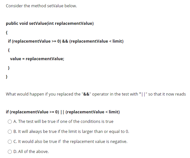Solved Consider the method setValue below. public void | Chegg.com