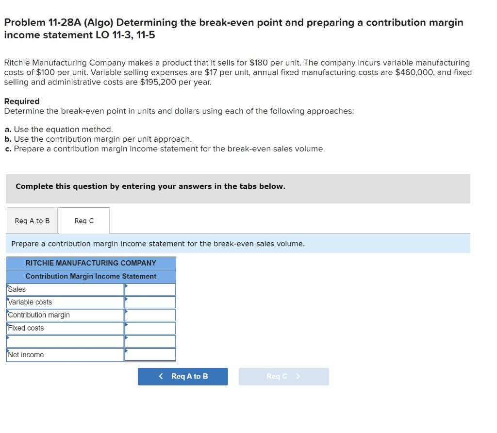 Solved Problem 11-28A (Algo) Determining the break-even | Chegg.com