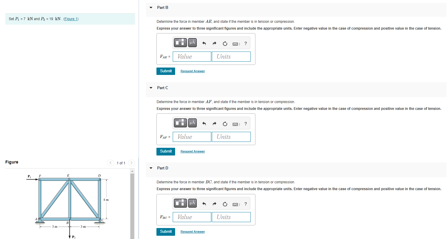 Solved Set P1=7kN and P2=19kN. Determine the force in member | Chegg.com
