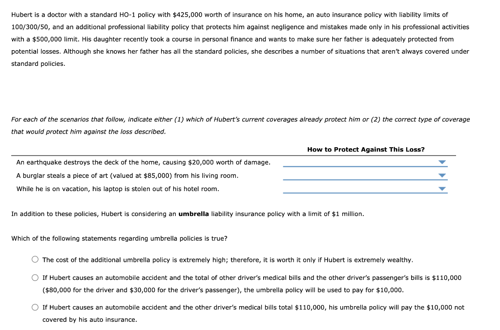 Solved Hubert is a doctor with a standard HO-1 policy with | Chegg.com