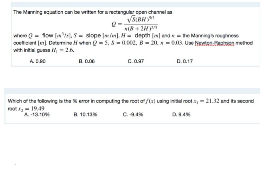 Solved The Manning equation can be written for a rectangular | Chegg.com