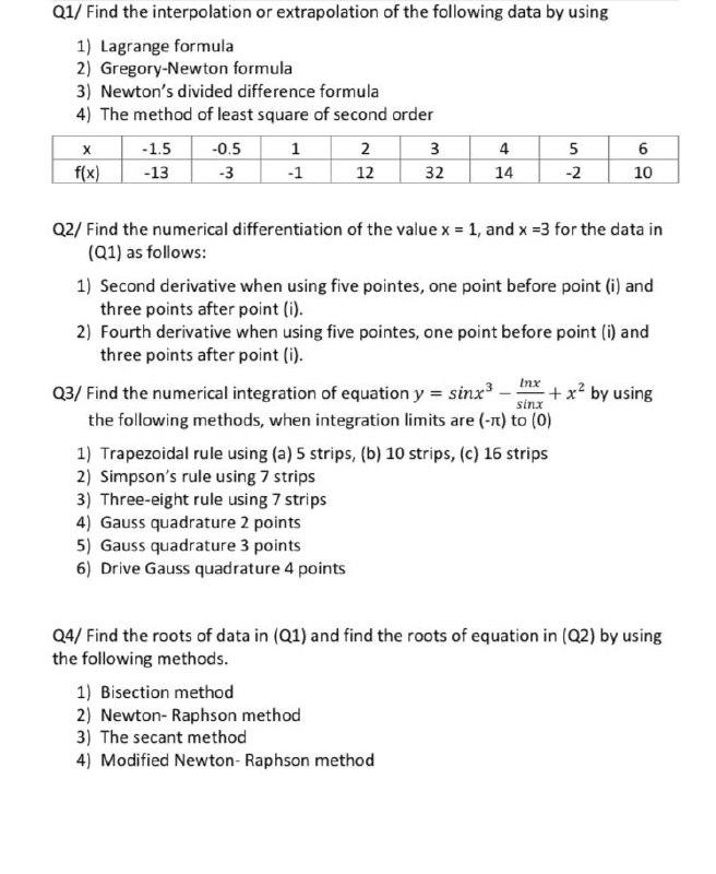 Solved Q1/ Find the interpolation or extrapolation of the | Chegg.com