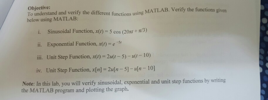 Solved s ing MATLAB. Verify the functions given Objective: | Chegg.com