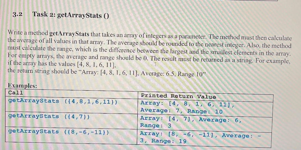 Solved Write a method getArrayStats that takes an array of | Chegg.com