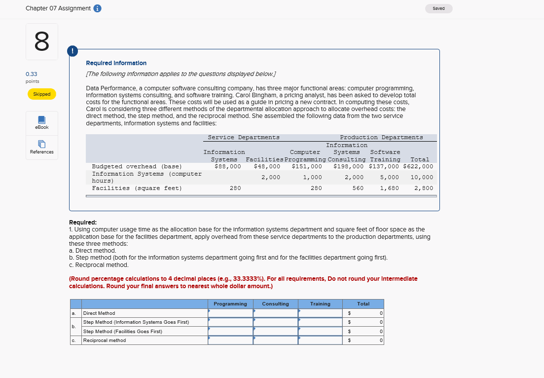 Solved Chapter 07 Assignment saved Required Information (The | Chegg.com