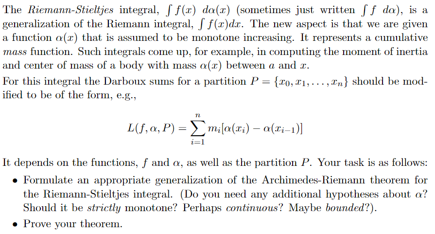 Solved The Riemann-Stieltjes integral, | f(1) da(2) | Chegg.com