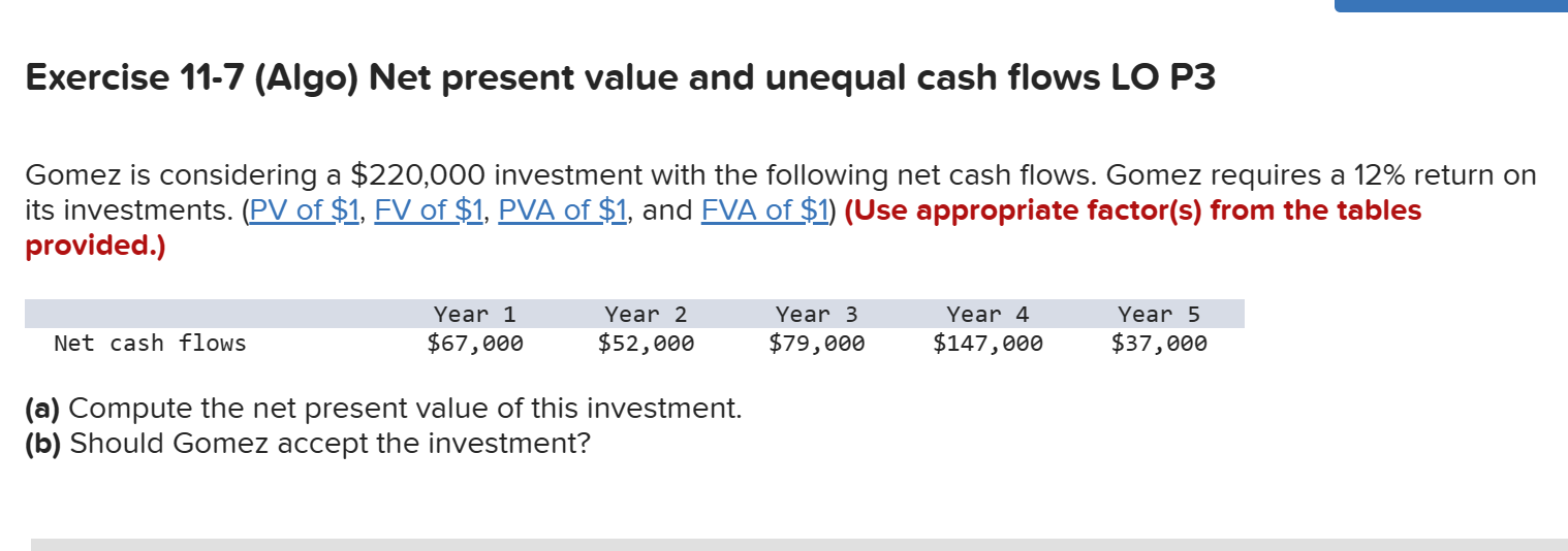 Solved Exercise 11-7 (Algo) Net present value and unequal | Chegg.com