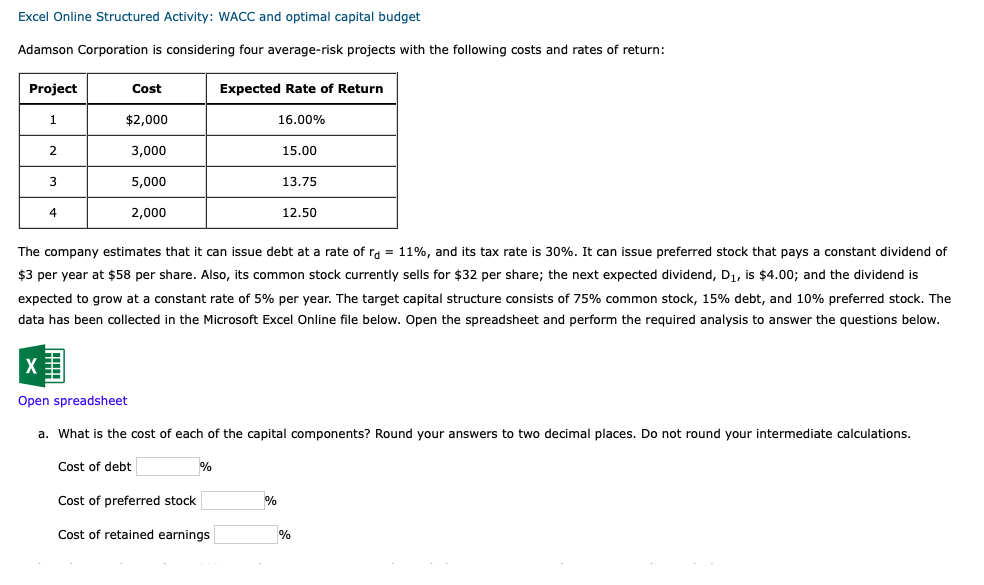 Solved Excel Online Structured Activity Wacc And Optimal 